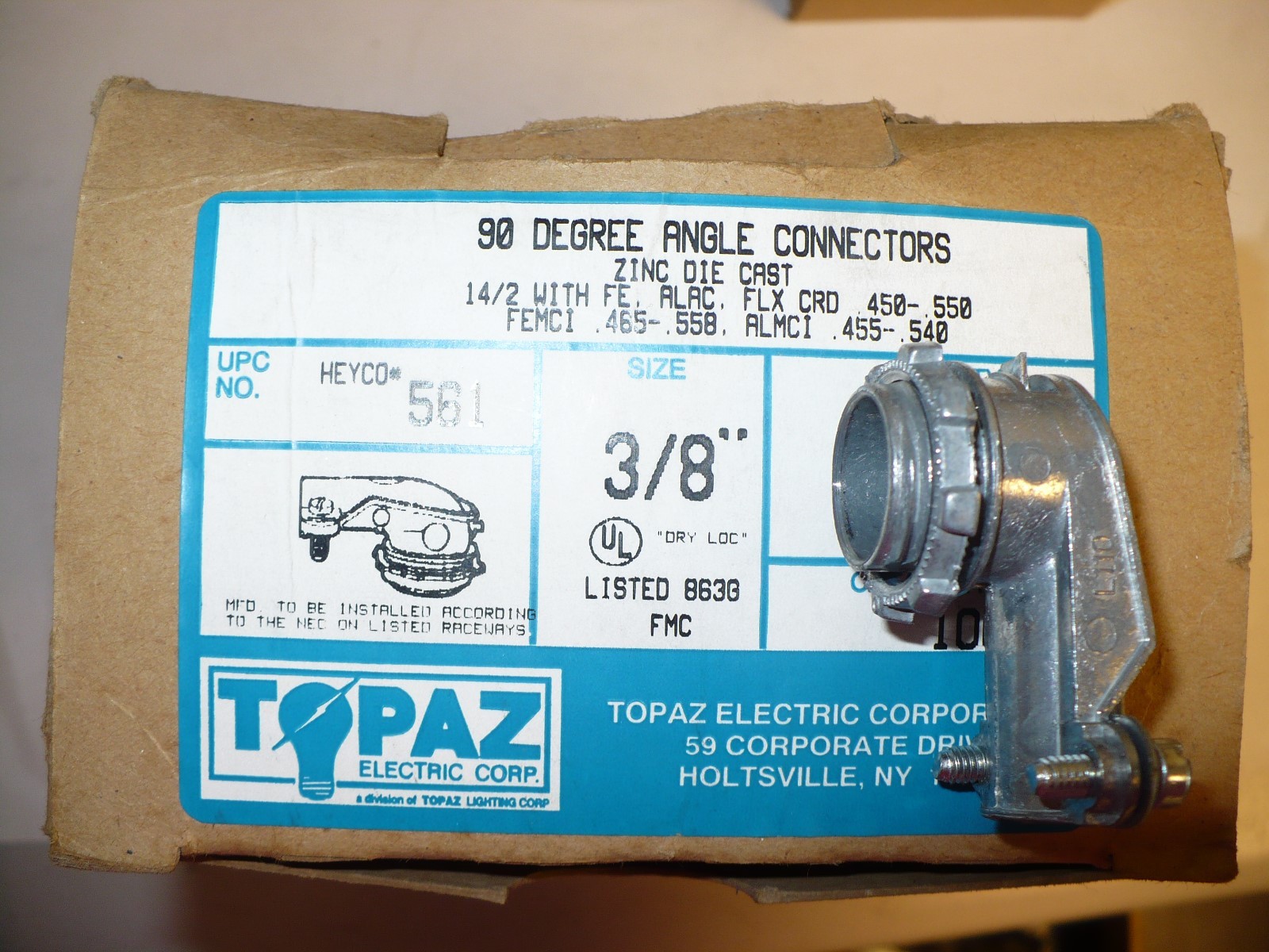 1 pc.Topaz 100 90 Degree Angle Connector, Zinc Die Cast, 3/8", New | eBay
