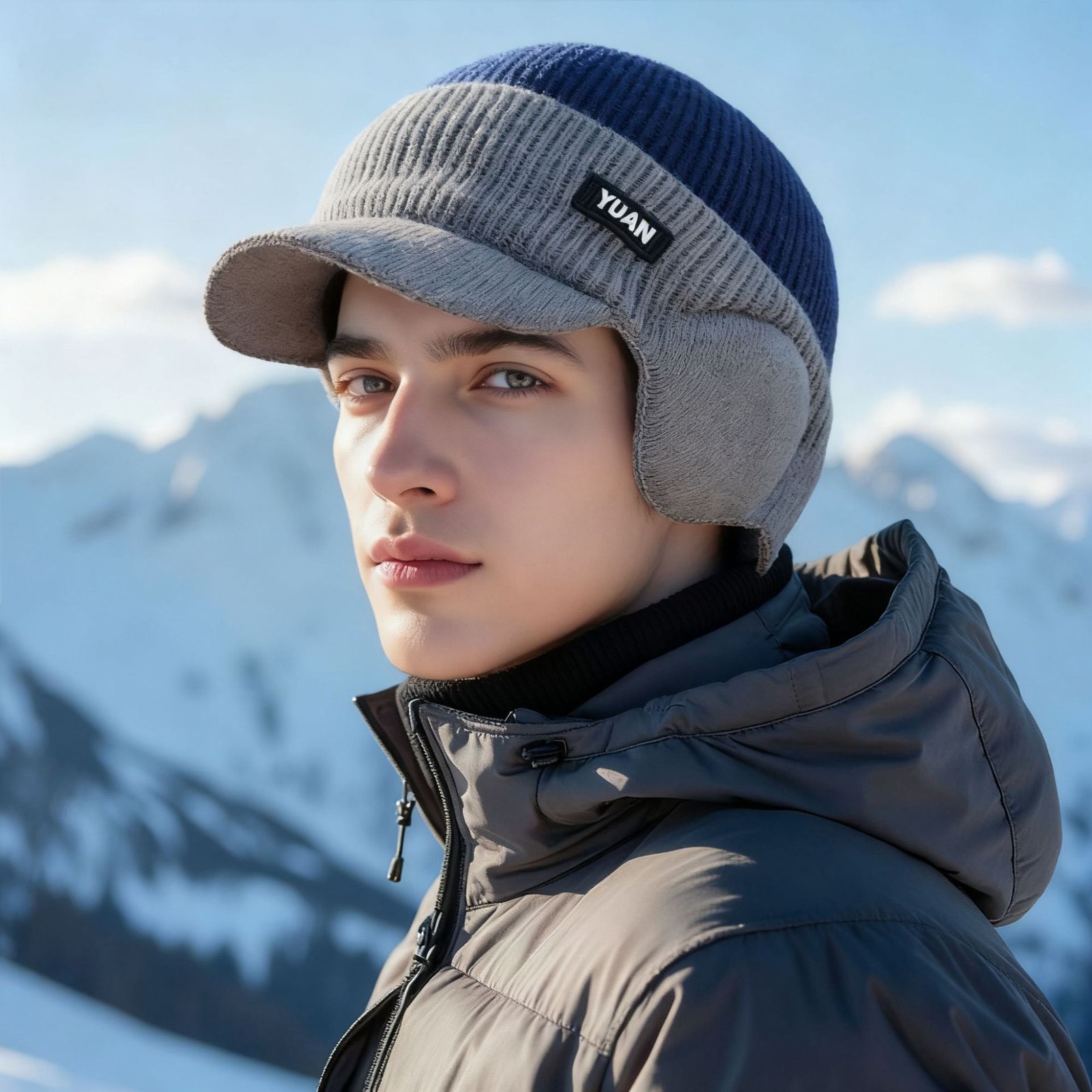 Windproof Thermal Cap with Visor Winter Warm Knitted Earflap Hat Ear ...