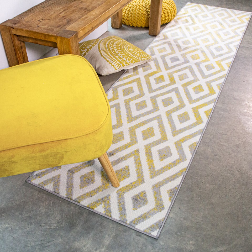 Modern Yellow Ochre Long Runner Rugs Soft Geometric Narrow Thin Hallway ...
