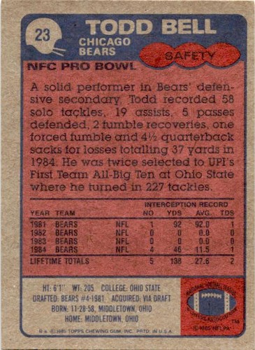 1985 Topps #23 Todd Bell Rookie Chicago Bears | eBay
