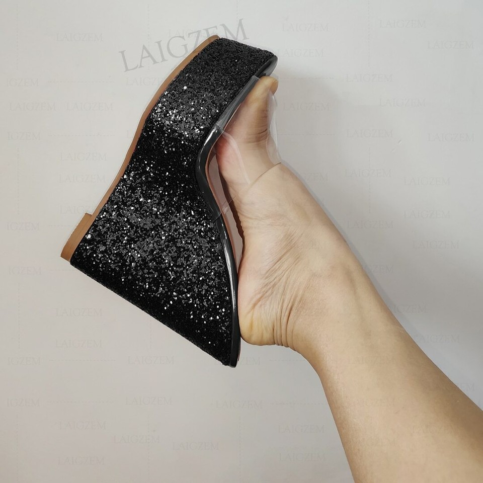Bling Women Platform Wedges Mules High Heels Sandals Transparent PVC ...