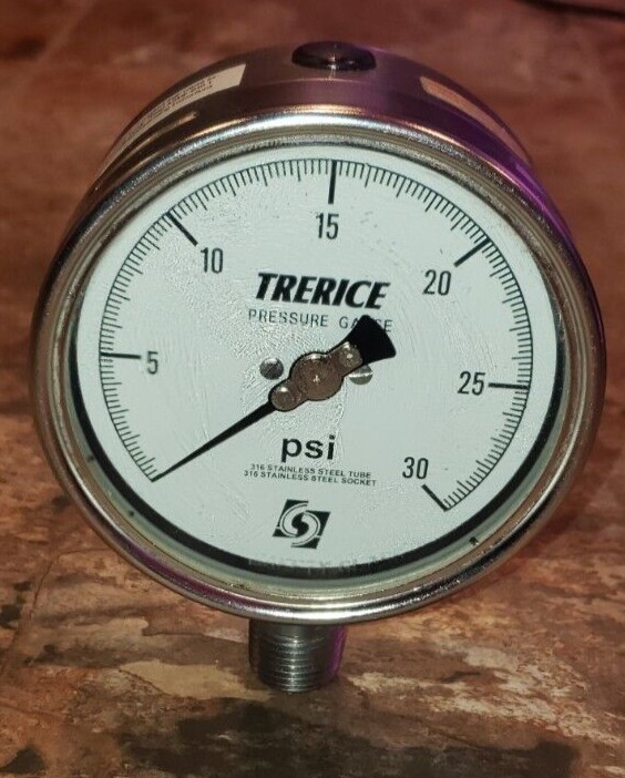 TRERICE PRESSURE GAUGE, 0-30psi, 4" DIA, GLYCERINE FILLED, 1/2"NPT ...