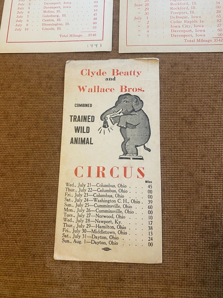 Lot of 3 Vintage Clyde Beatty Circus Official Route Cards 1943 Type ...
