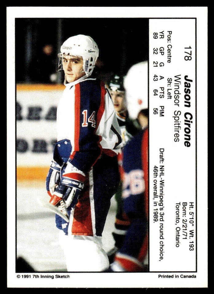 1990-91 7th Inning Sketch OHL Jason Cirone Windsor Spitfires #178 | eBay