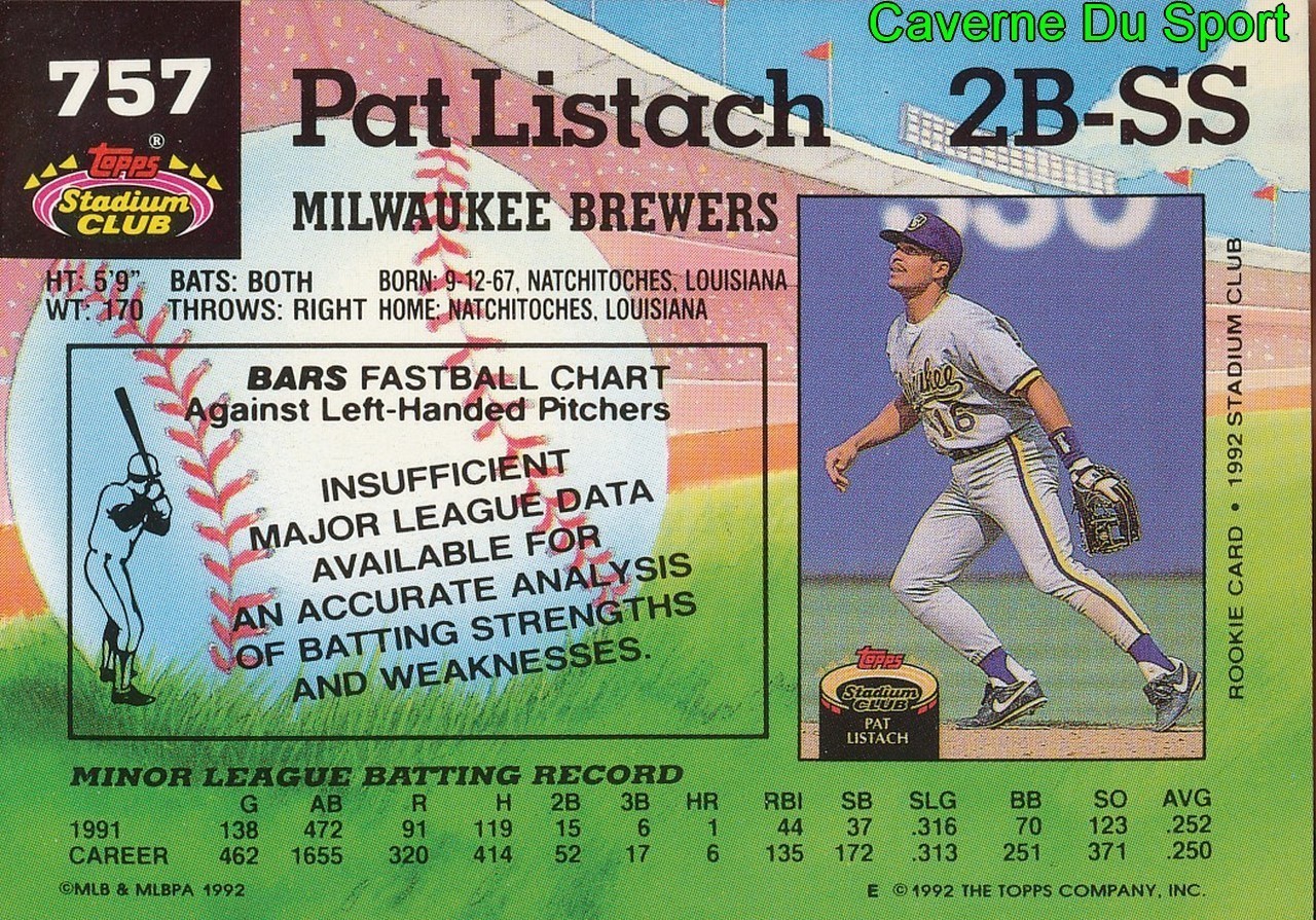 757 PAT LISTACH RC MILWAUKEE BREWERS TOPPS BASEBALL CARD STADIUM CLUB ...
