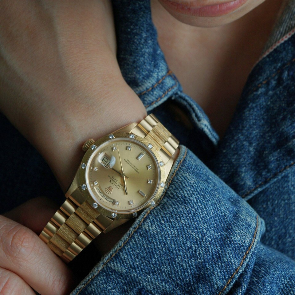 Rolex Day Date Ref. 18108 18k Gold President Bark & Diamond w/ Papers 36 mm 1987 | eBay