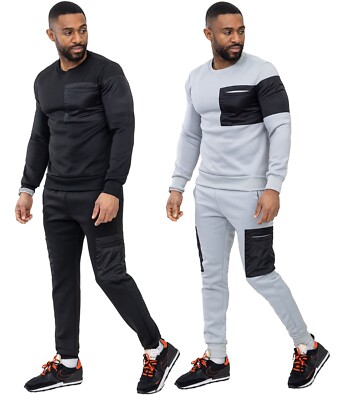 New Mens Round Neck Crew Neck Cargo Full Tracksuit Set Stretchable Top ...