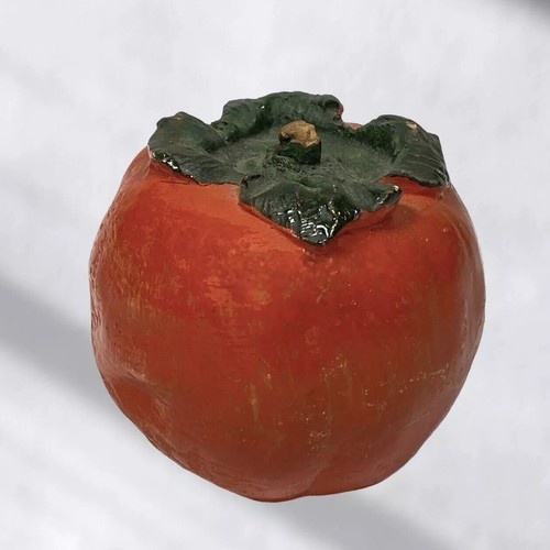 Vtg Persimmon Stone Fruit Painted Red Orange Wood Stem Fake Food Decor ...