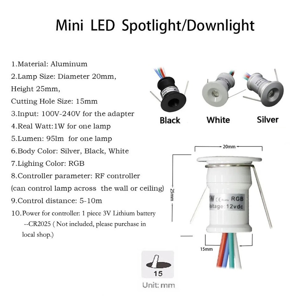 RGB Small Spot Light 1W 12V Mini LED Spotlight Dimmable 15mm Recessed ...