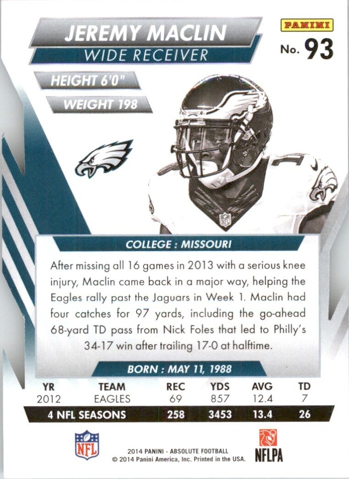 2014 Panini Absolute Jeremy Maclin Philadelphia Eagles #93 Football ...