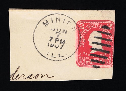 GENUINE SCOTT #U386 LARGE CUT SQUARE 2¢ RED WITH A MINIER (TAZEWELL) IL ...