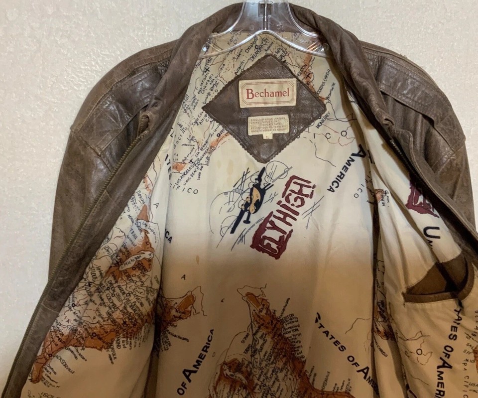 Bechamel Leather Bomber Jacket Brown Vintage 80s Mens L Map Liner Retro ...