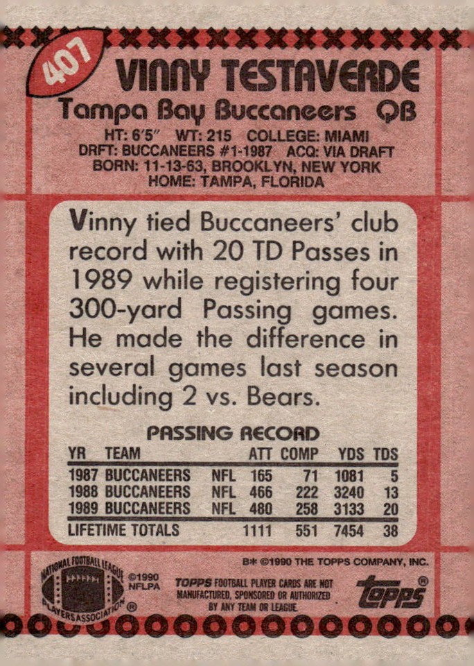 1990 Topps #407a Vinny Testaverde - Tampa Bay Buccaneers | eBay