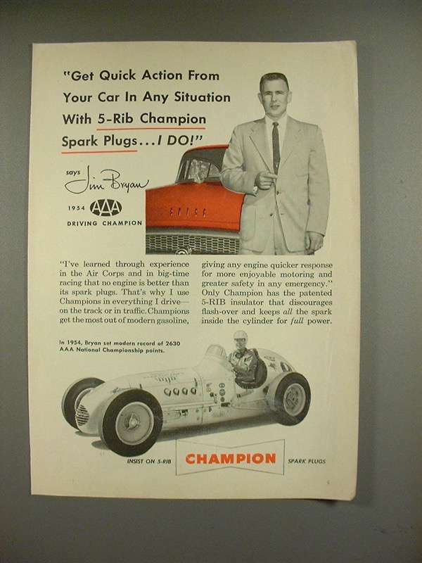 1955 Champion 5-Rib Spark Plugs Ad w/ Jim Bryan | eBay