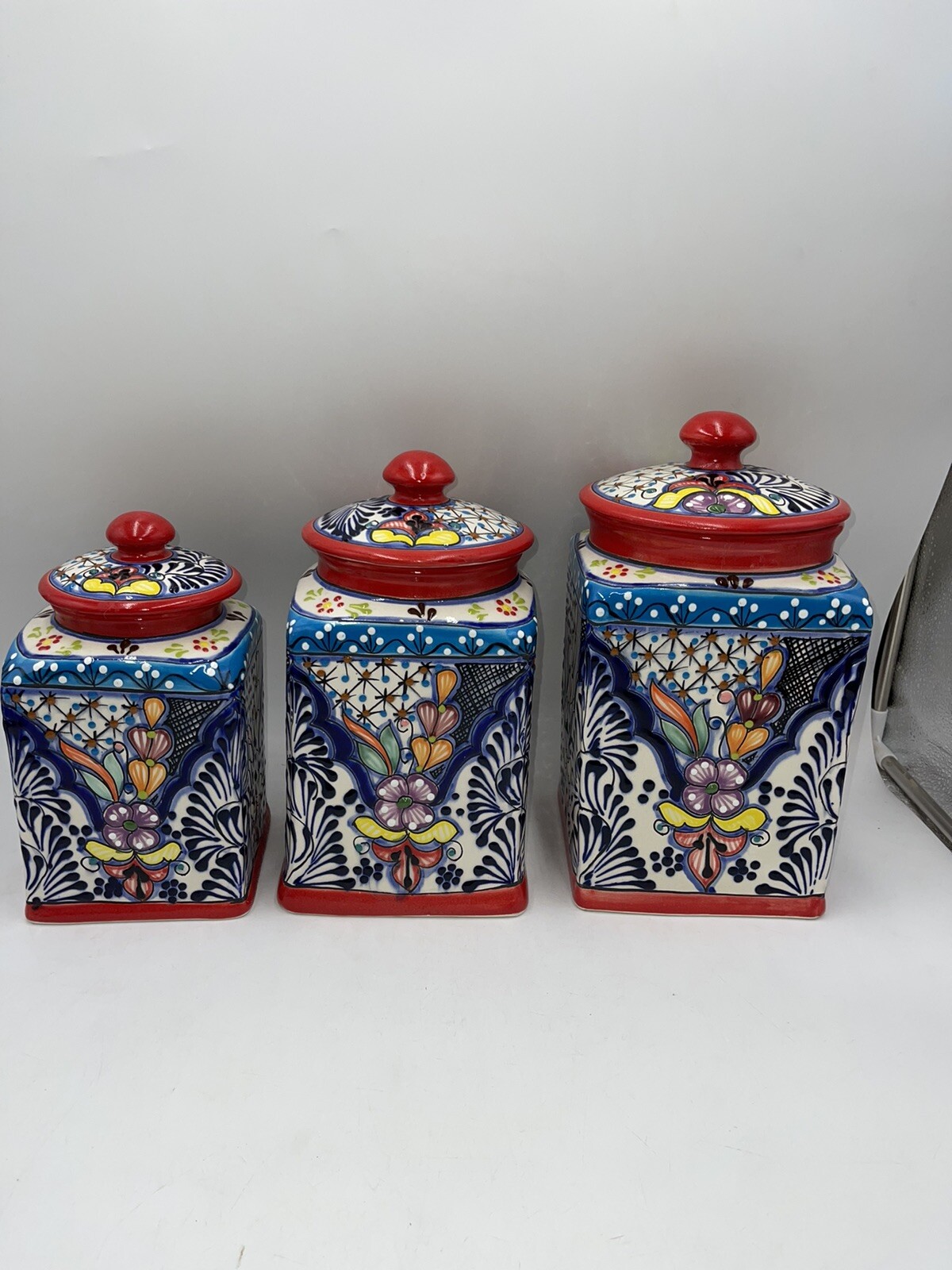 Talavera 3 Piece Red Rim Canisters Set From Mexico Handcrafted Mexican ...