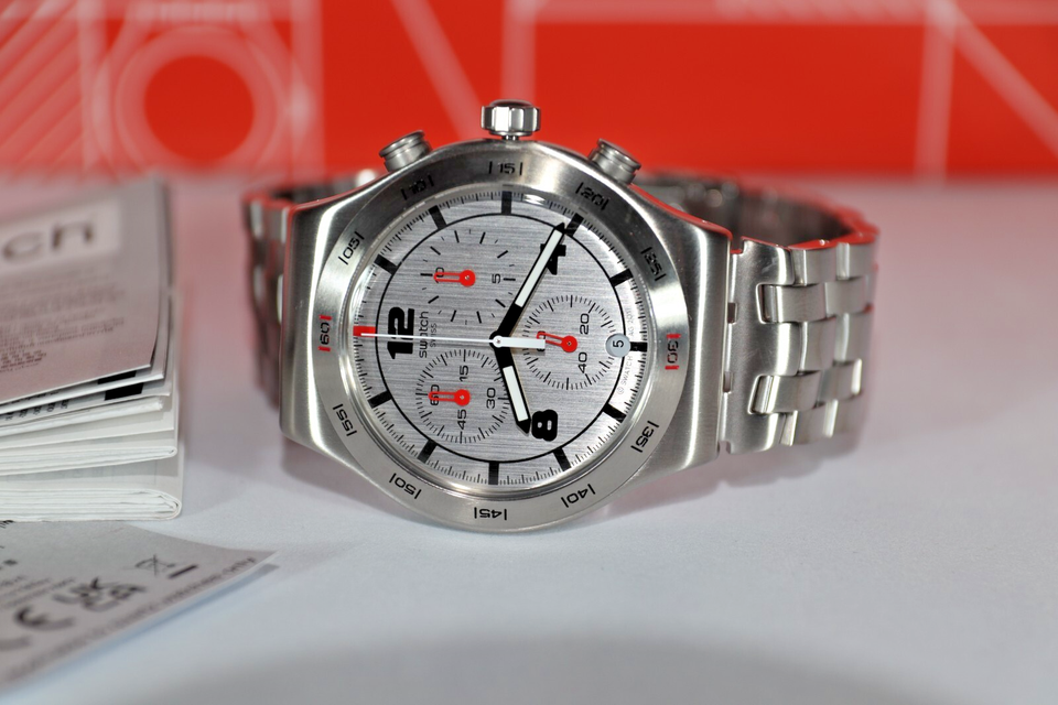 New Swiss Swatch Irony SILVER AGAIN Chronograph Date Steel Watch 44mm ...