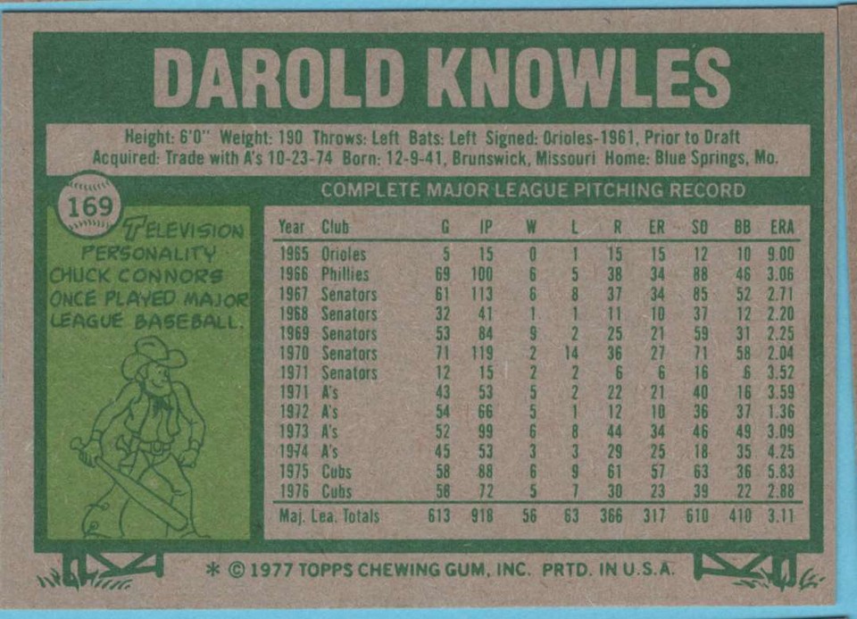 1977 Topps Darold Knowles #169 Chicago Cubs | eBay