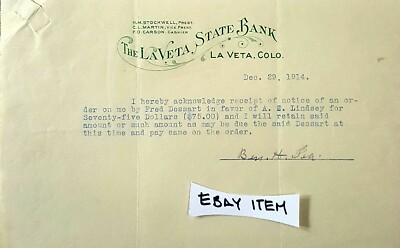 1914 LA VETA CO. LA VETA STATE BANK letter H.M. STOCKWELL C.L. MARTIN F ...