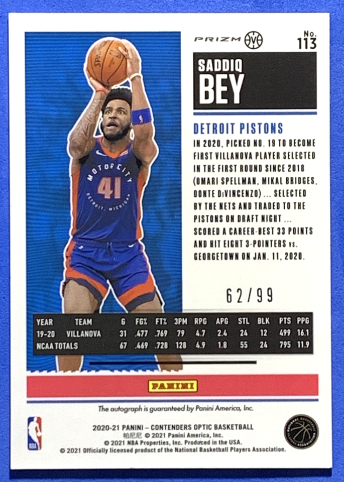 Saddiq Bey 2020-21 Panini Contenders Optic Rookie Red Detroit Pistons ...