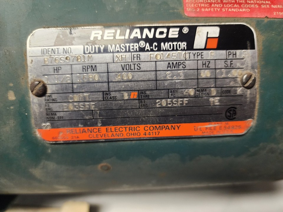 Reliance 1-1/2 hp. 1680 rpm. Brake Motor Duty Master Brake 460 3 Ph ...