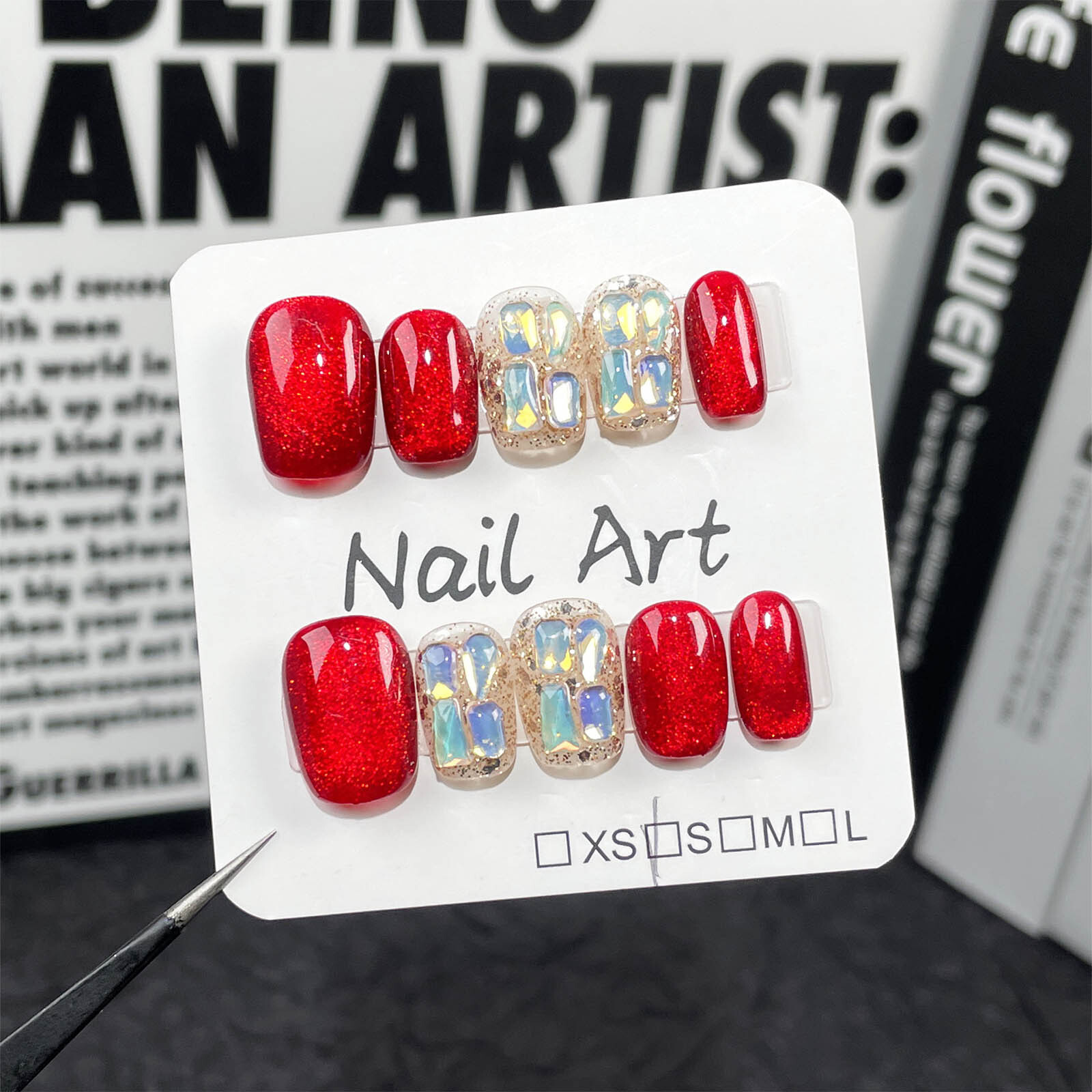 Handmade False Nail Red Sequin Diamonds French Press on Nails for Nail Art 10PCS | eBay