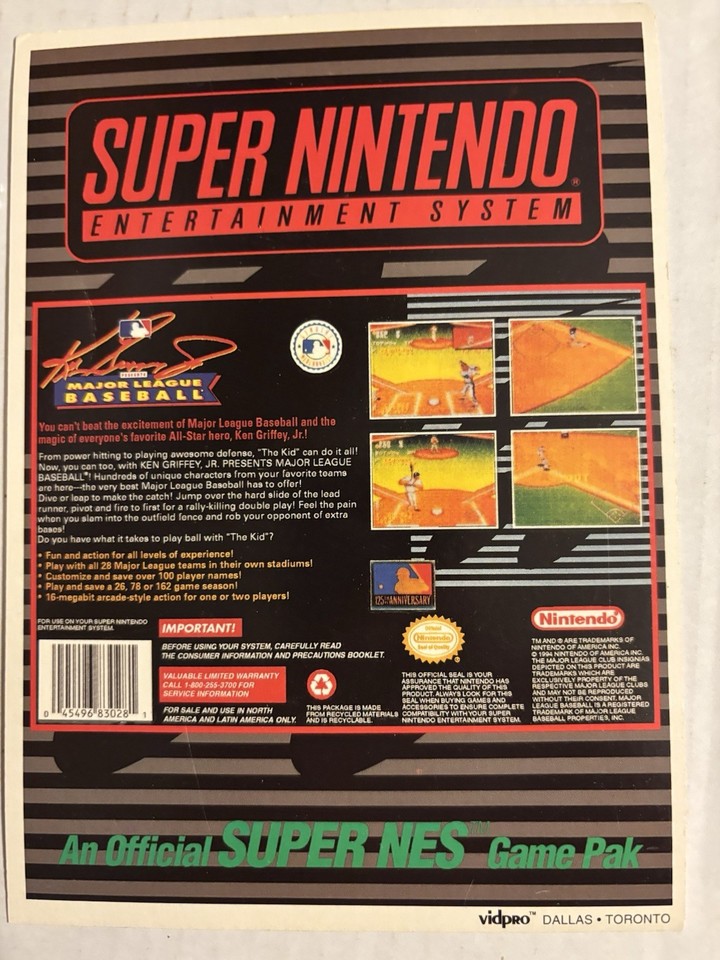 SNES Ken Griffey Jr. Major League Baseball VIDPRO Card Toys R Us ...
