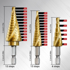 3PC Step Drill Bit Set, 1/4" Hex Shank High-Speed Steel Spiral Grooved ...