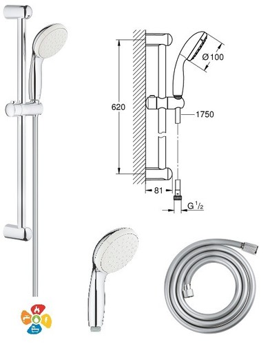 Grohe Tempesta 27924 Chrome Shower Riser Rail Kit 1 Mode Shower Head ...