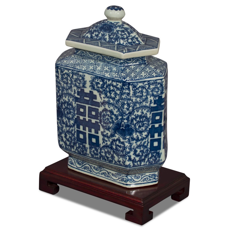 US Seller - Blue and White Double Happiness Porcelain Chinese Tea Jar ...