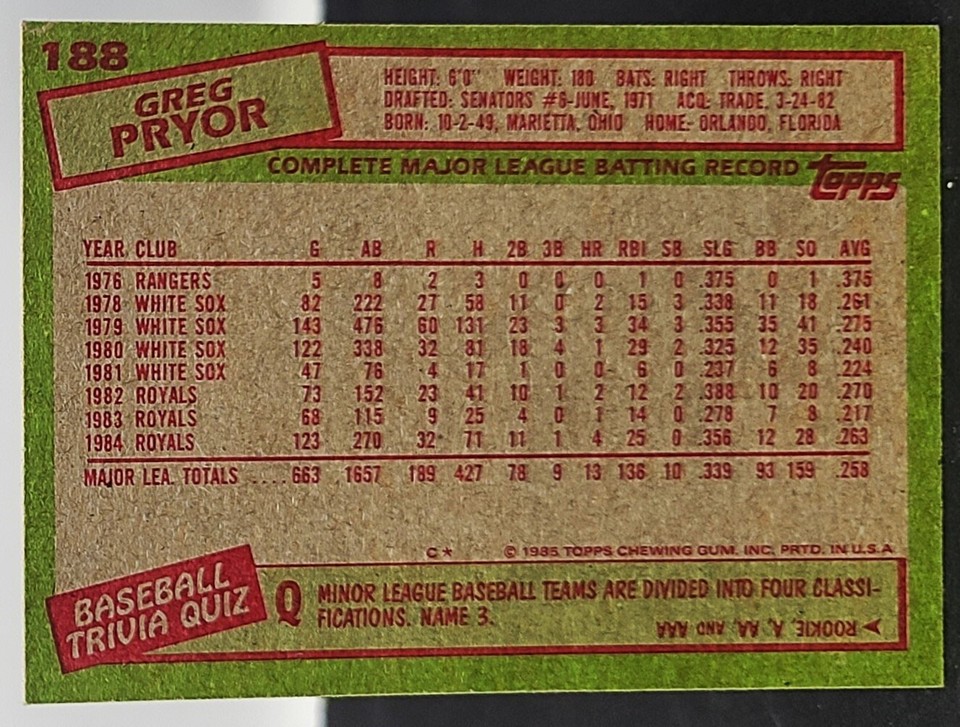 GREG PRYOR Signed 1985 Topps Baseball Card #188 Kansas City Royals | eBay