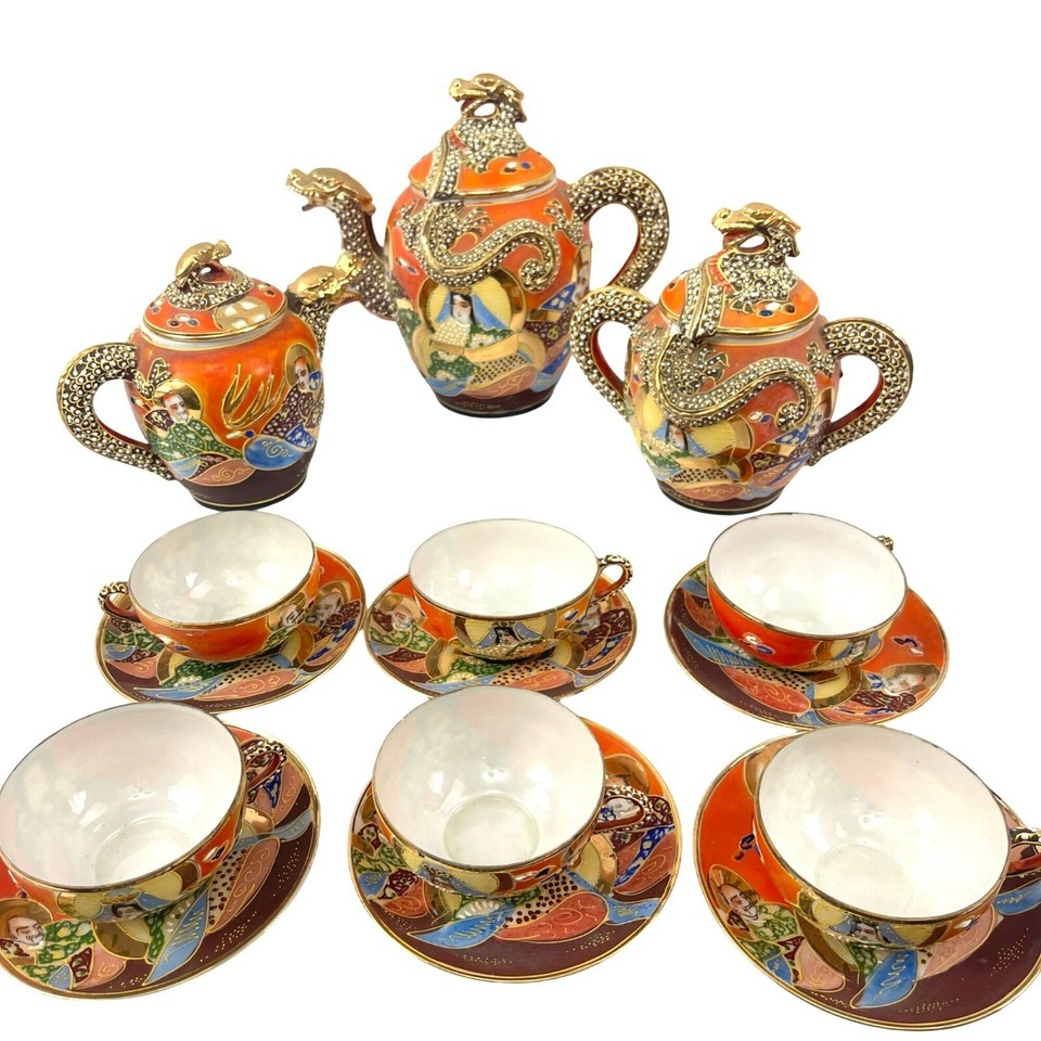Antique Japanese Satsuma Tea Set with Dragonware Moriage Gold Rimmed | eBay