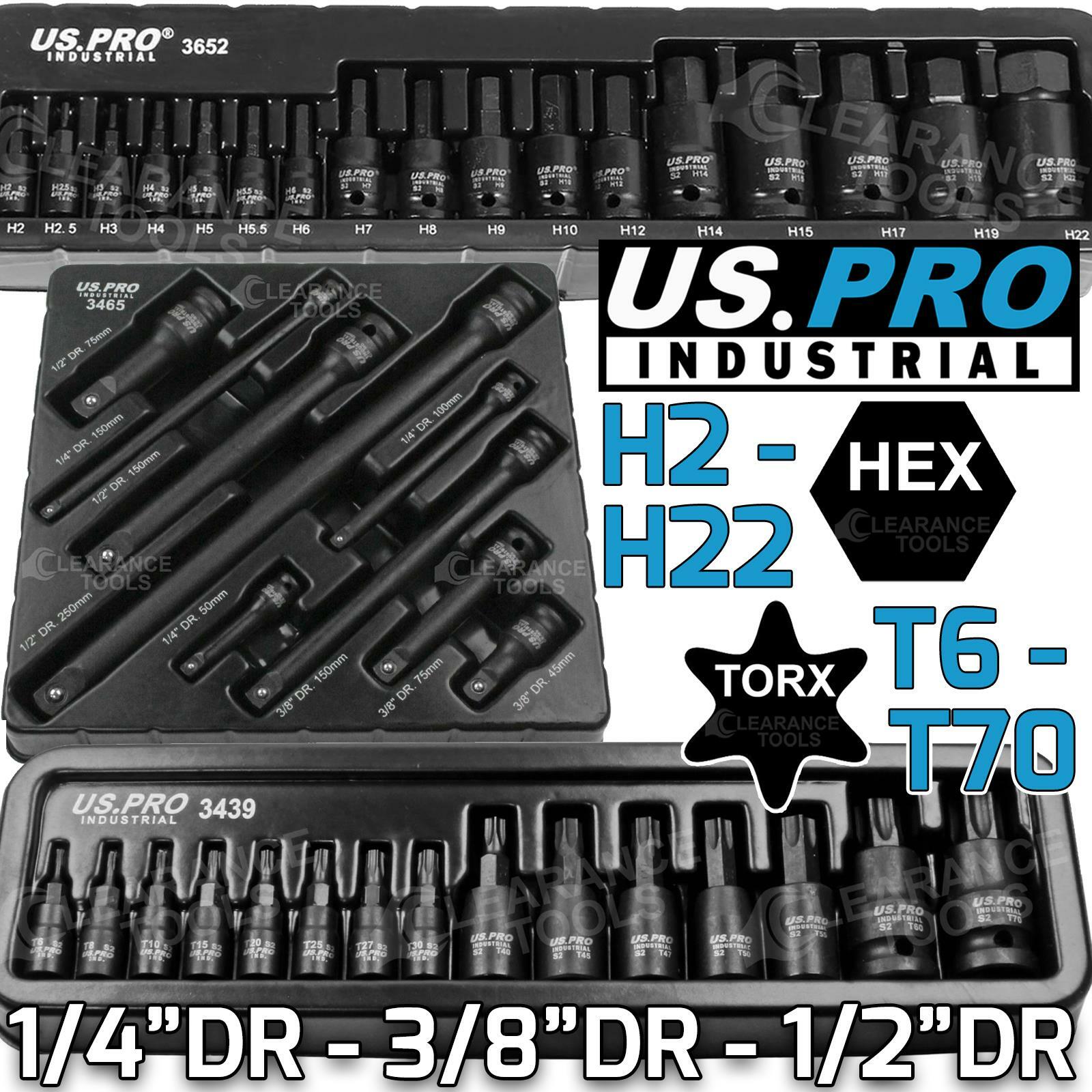 US PRO INDUSTRIAL IMPACT HEX TORX BIT SOCKET & EXTENSION BAR SET H2-H22 ...