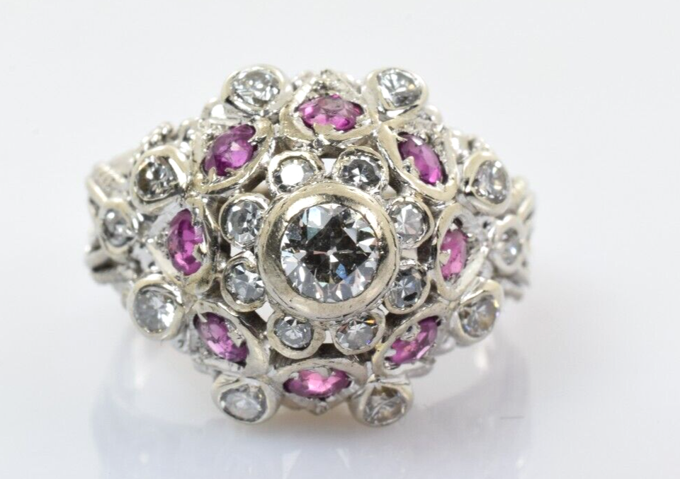 Vintage Diamond & Ruby Princess Ring 14k White Gold 1.30 Carats Size 4 ...