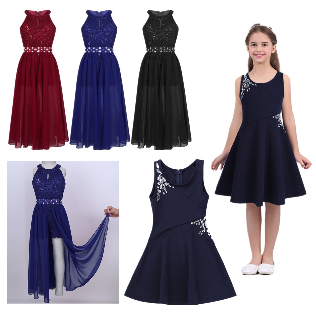Kids Flower Girls Romper Dress Rhinestone Maxi Party Dance Wedding ...