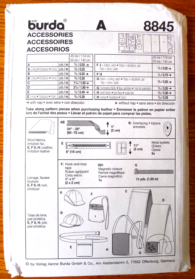 Burda Pattern 8845 Misses Winter Accessories Handbag Shoulder Bag Scarf ...