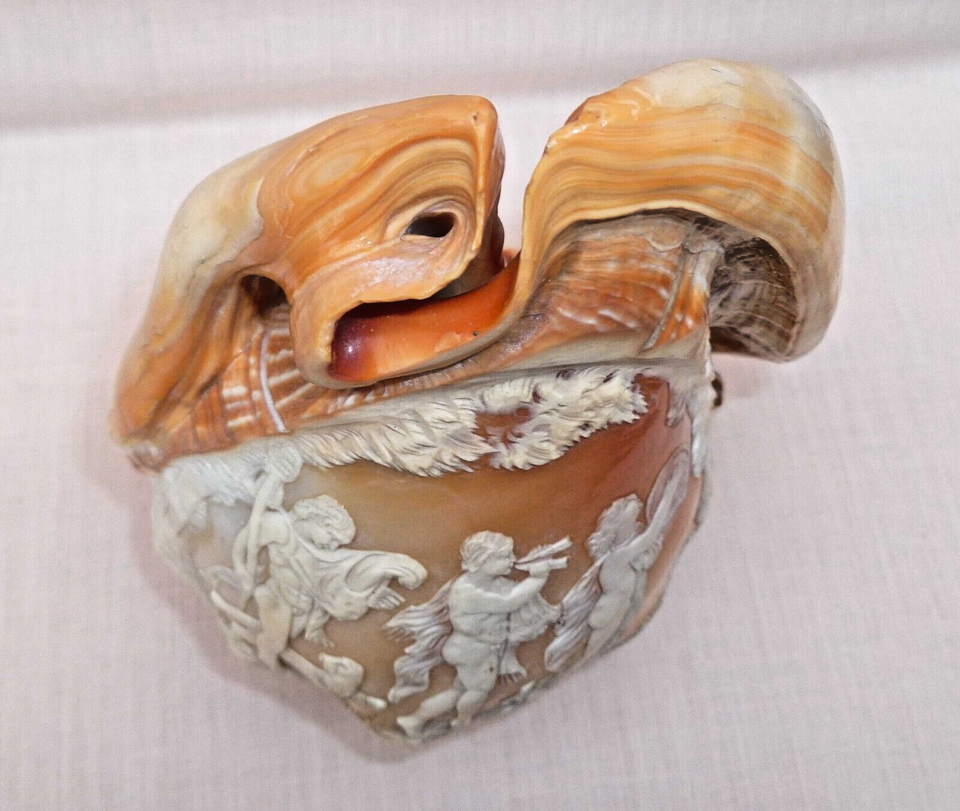 ANTIQUE FINELY CARVED CAMEO CONCH SEA SHELL – 3 FIGURES – MUSICAL ...