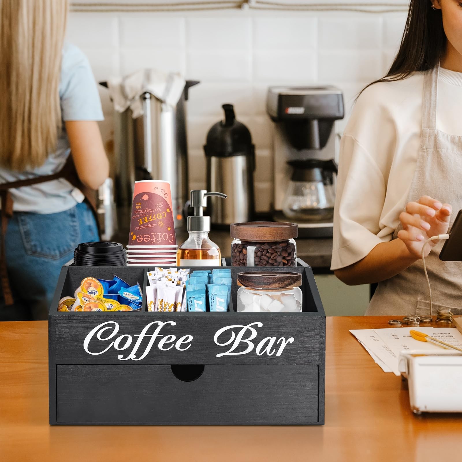 Farmhouse Wooden Coffee Bar Organizer - Countertop Station With Drawer ...