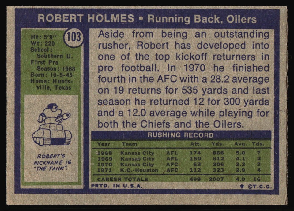 1972 Topps Robert Holmes #103 Houston Oilers | eBay