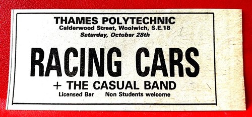 Racing Cars Woolwich London Gig Vintage ORIG 1978 Press/Magazine ADVERT ...