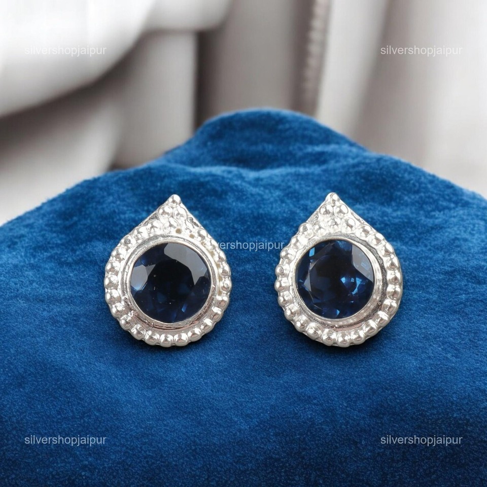 925 Sterling Silver Faceted London Blue Topaz Gemstone Stud Screw Back ...