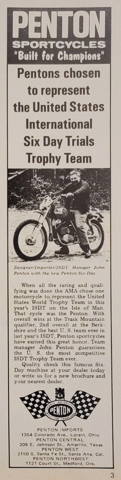 1971 Penton Six Days Trials John Penton Original Motorcycle Print Ad | eBay