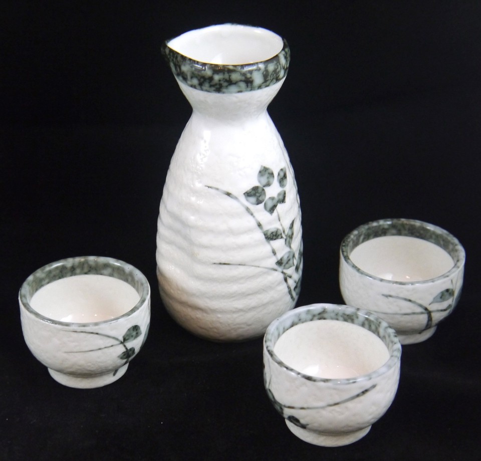White 4 pc Japanese Sake Set w Black Florals. Thick Texture Shino Glaze ...