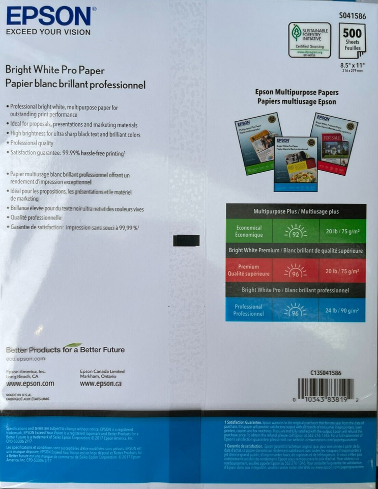 EPSON - S041586 - 8.5" x 11" White 96 Brightness Printer Paper - 500 ...