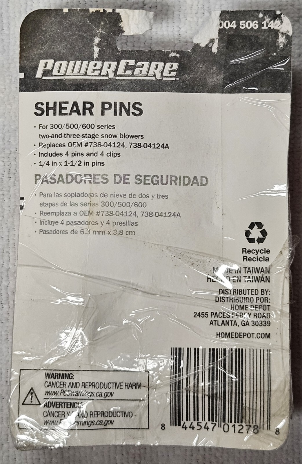 PowerCare Shear Pins w/Clips 4-Pack 1004 506 142 Fits MTD/Cub Cadet ...