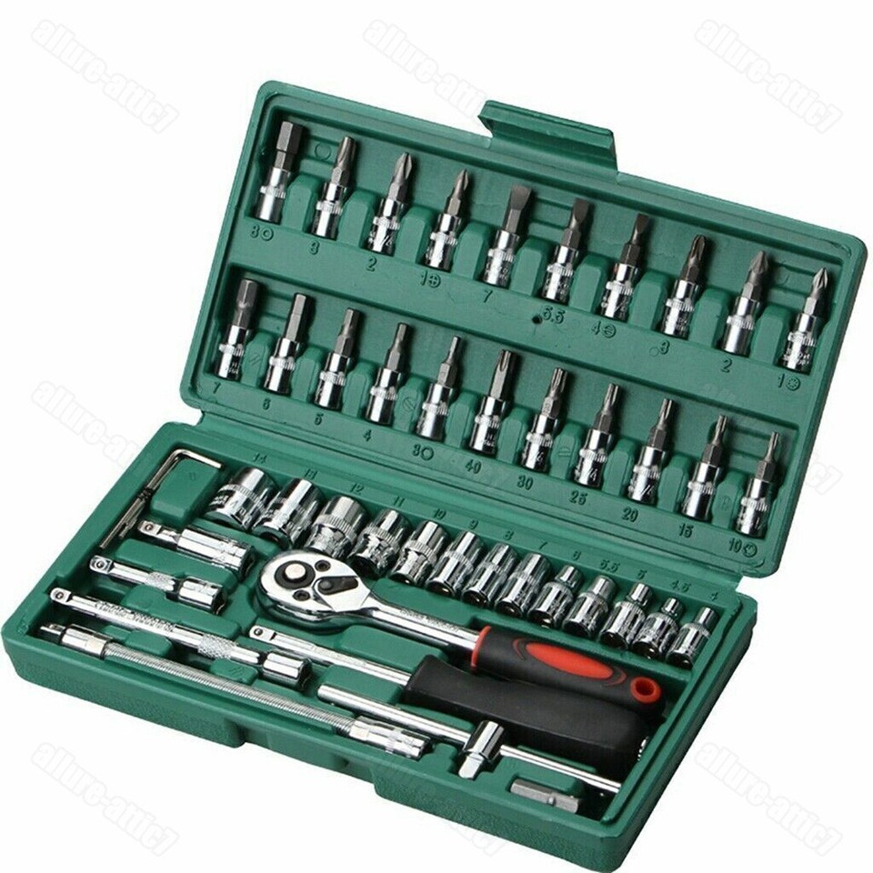 46Pcs Socket Wrench Set 1/4" Drive Ratchet Metric Kit Garage Car Repair ...