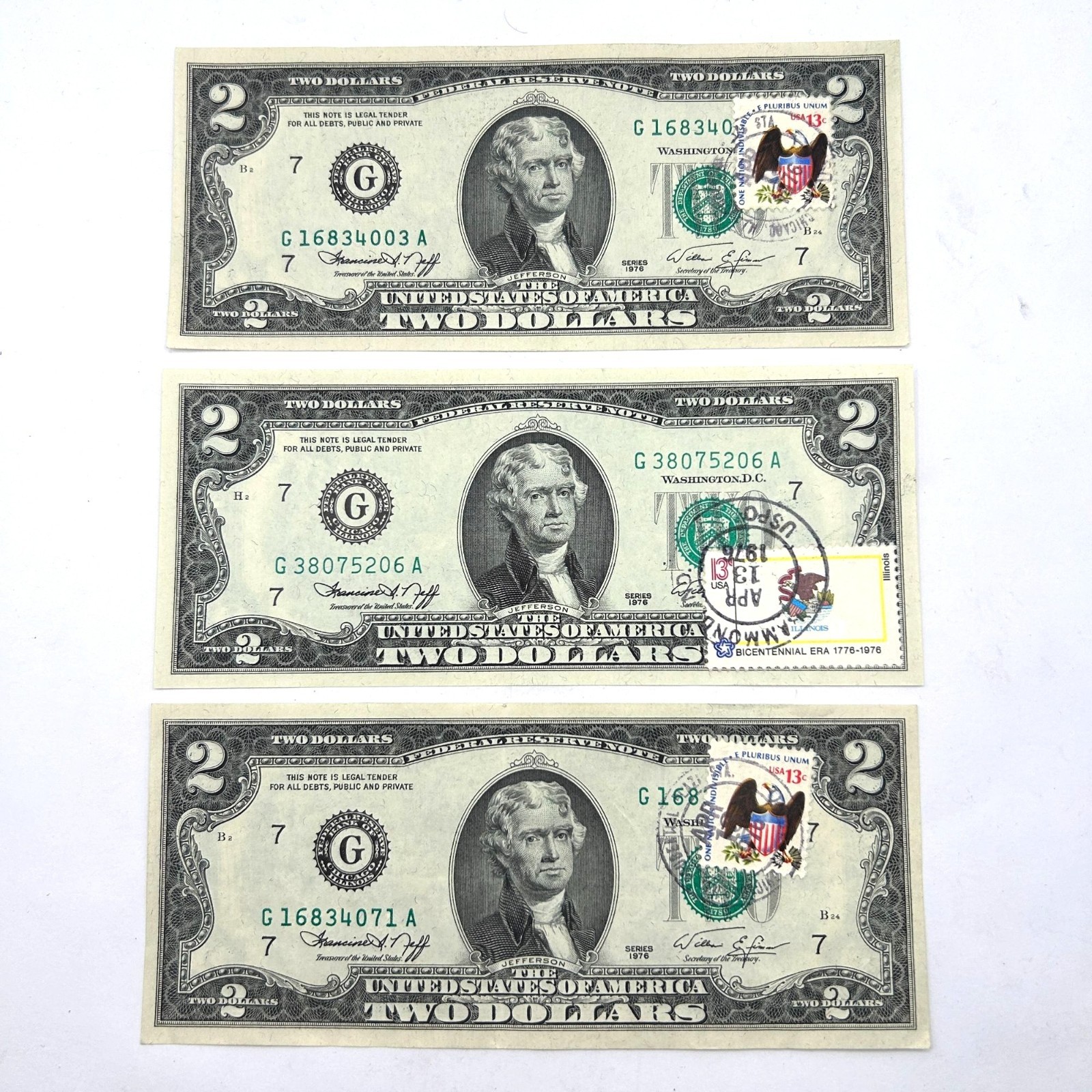 Lot of 3 - 1976 $2 Bills Chicago Postmarked Bicentennial Era UNC ...