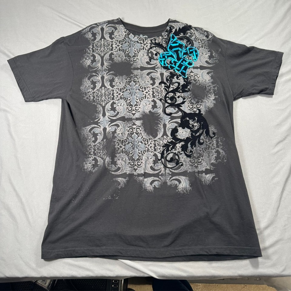 Social Unrest Shirt Mens XL Gray Graphic Flocked Scroll Cross Tee ...