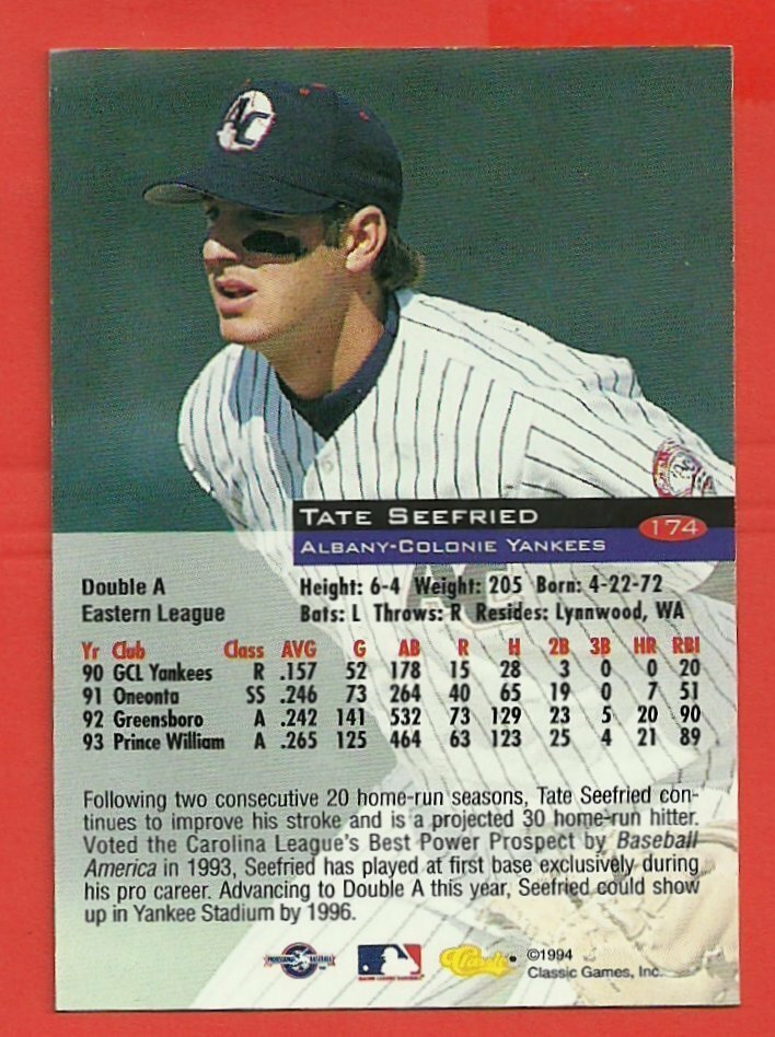 TATE SEEFRIED - 1994 Classic #174 Minor League Autographed Card | eBay