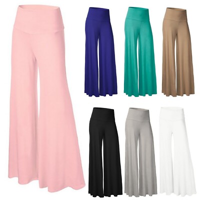 Womens High Waist Palazzo Wide Leg Flared Pants Ladies Stretch Trousers ...