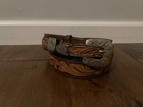 Vintage Tony Lama 1994 Hand Tooled Brown Leather Western Cowboy Belt ...